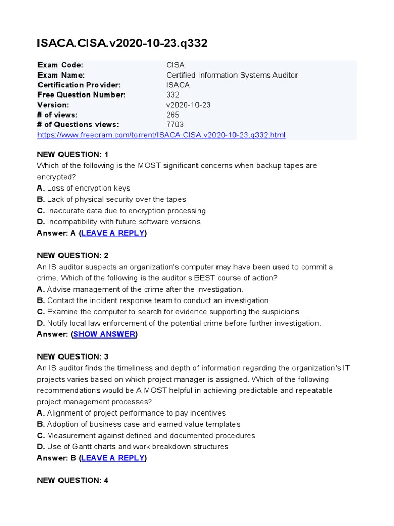 ISACA CISA v2020-10-23 q332 | PDF | Software As A Service | Audit