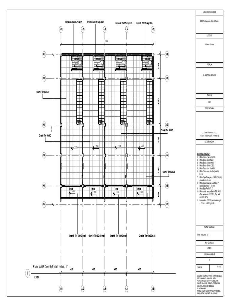 RUKO 1 - Sheet - ARS-14 - Denah Pola Lantai - LT 1 | PDF