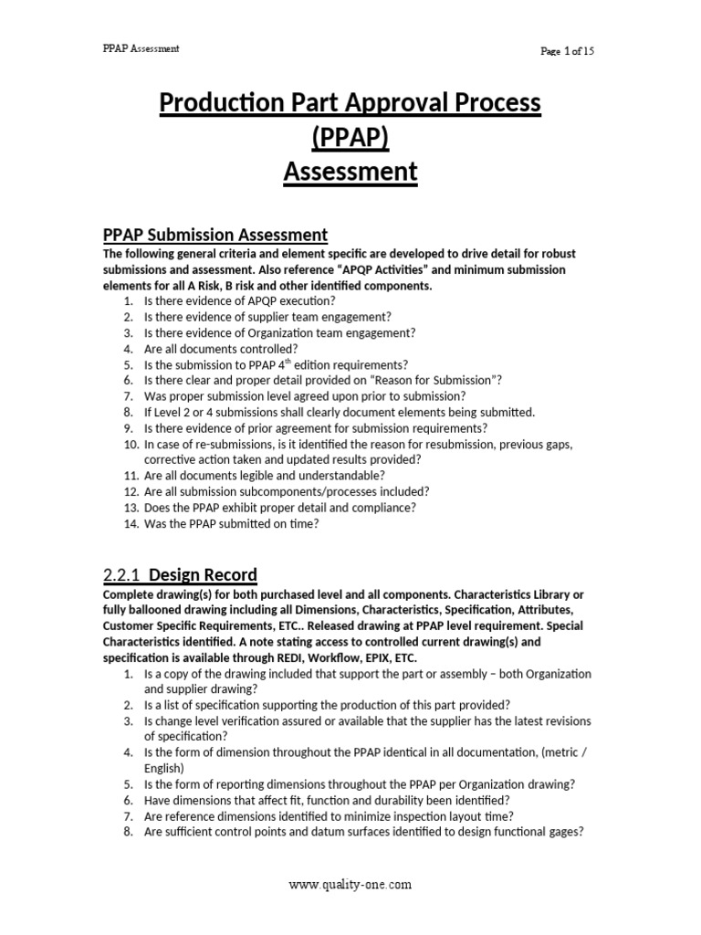 Production Part Approval Process (PPAP) Assessment | PDF ...