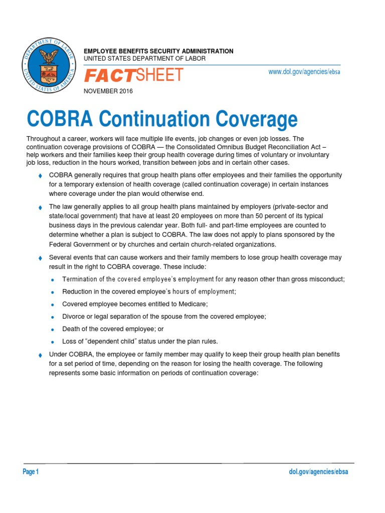 COBRA Continuation Coverage: Factsheet | PDF | Consolidated Omnibus ...