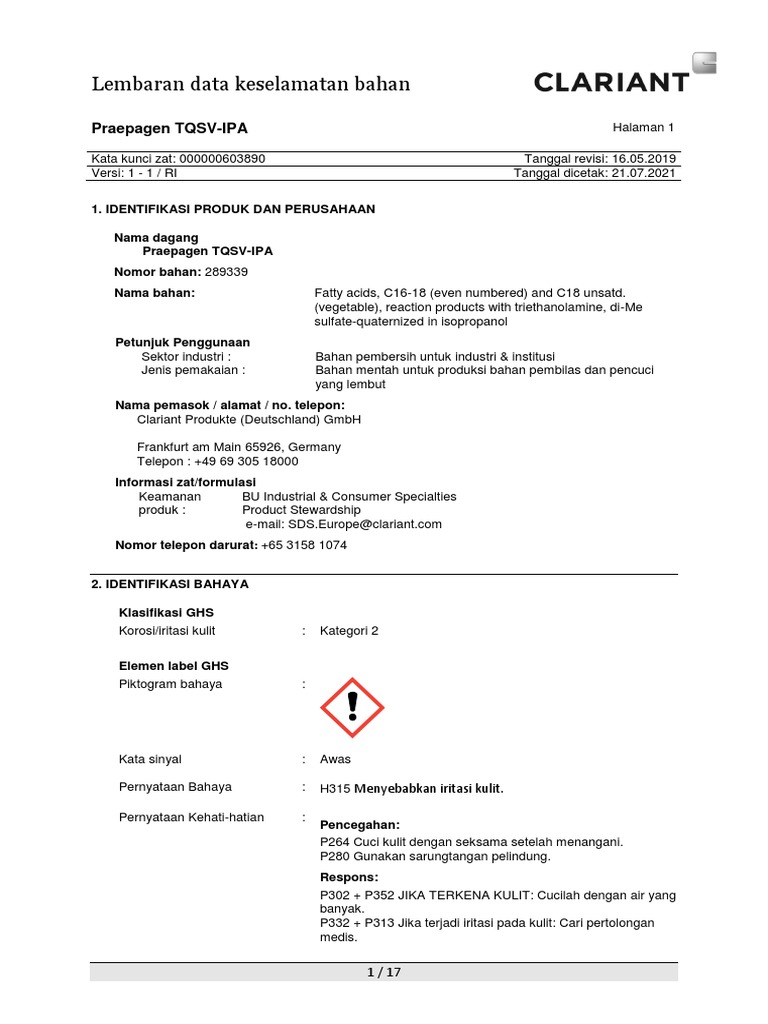 Clariant SDS PRAEPAGEN TQSV IPA Indonesia Indonesian | PDF