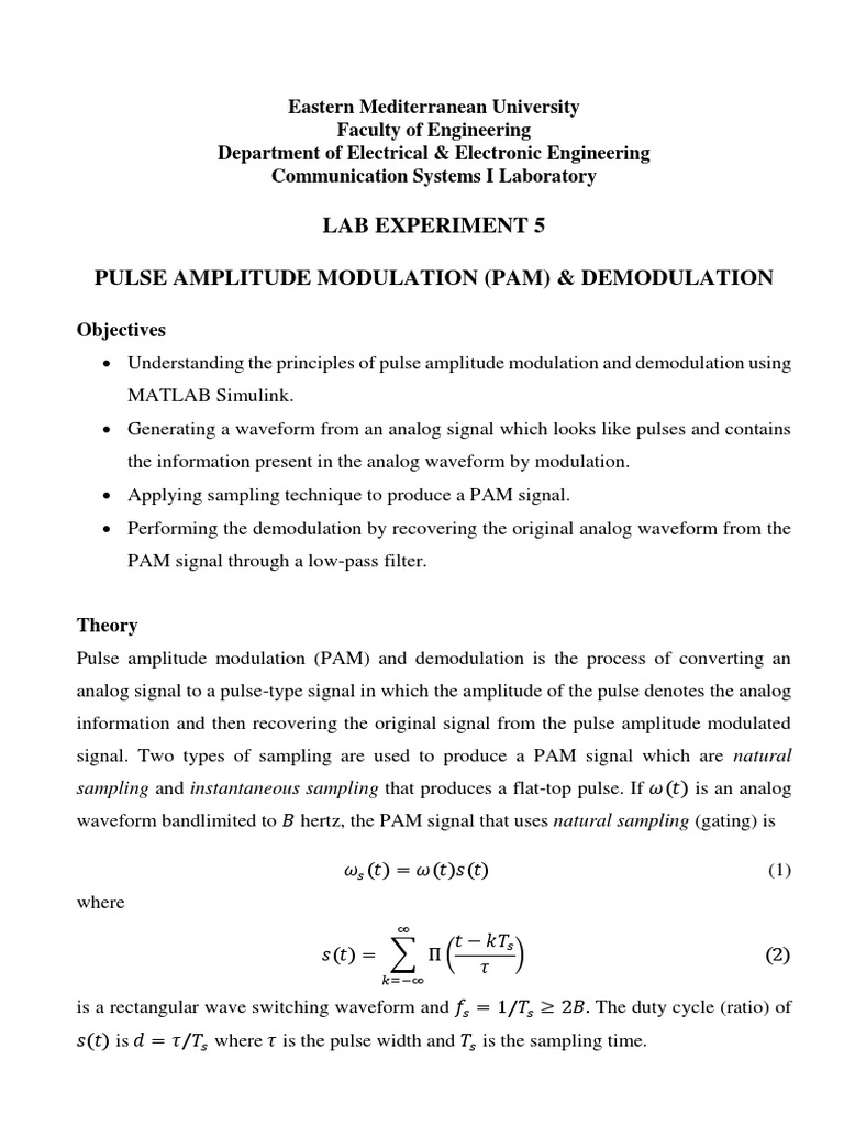 Lab Experiment 5 Pulse Amplitude Modulation (Pam) & Demodulation | PDF ...