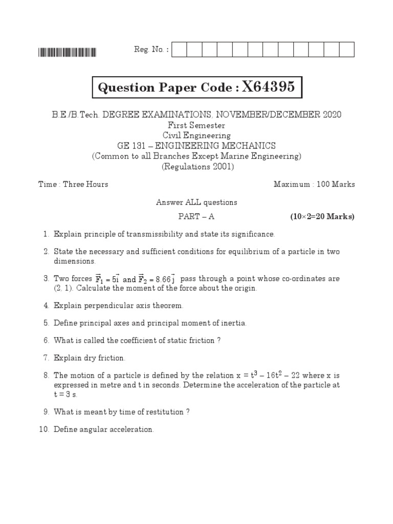 GE131 Eng Mechanics 2001 Regulations AU | PDF | Force | Velocity