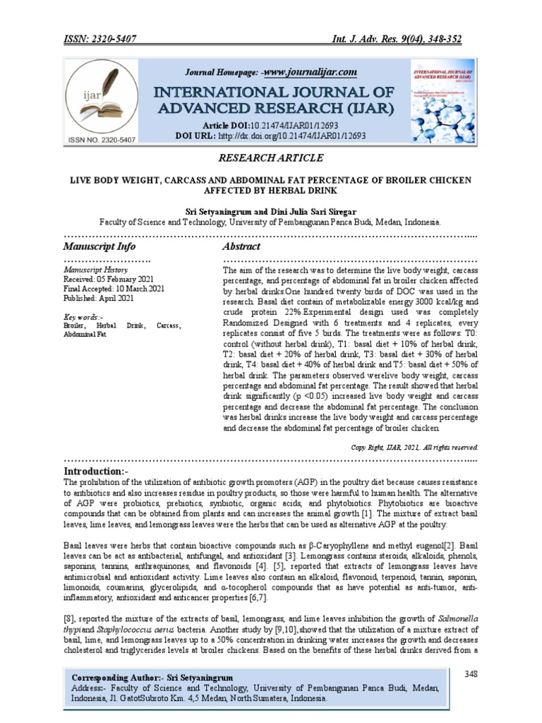Live Body Weight, Carcass and Abdominal Fat Percentage of Broiler ...