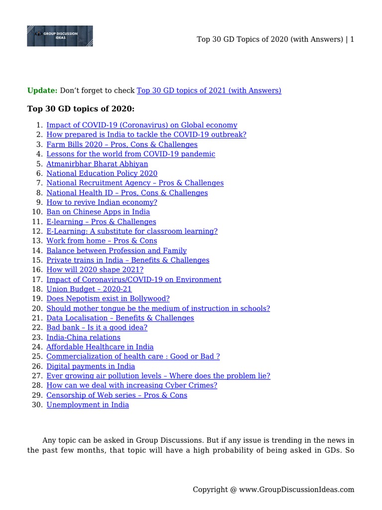 Top 30 GD Topics Of 2020 With Answers PDF Educational Technology