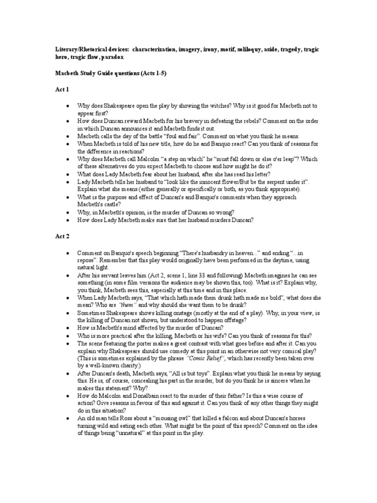 Macbeth Study Guide: Key Themes & Questions | PDF | Macbeth ...