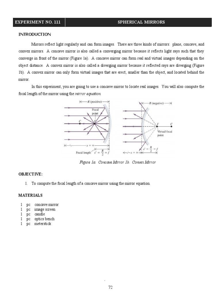 Experiment 111 Spherical Mirrors - Online | PDF | Mirror | Optics