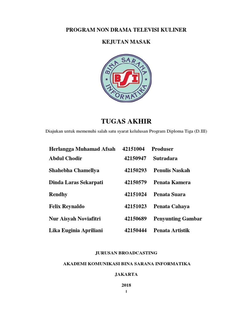 Tugas Akhir: Diajukan Untuk Memenuhi Salah Satu Syarat Kelulusan ...