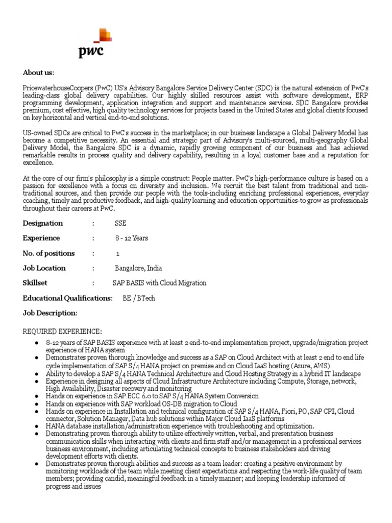 JD - SAP Basis With Cloud Migration | PDF | Cloud Computing | Databases