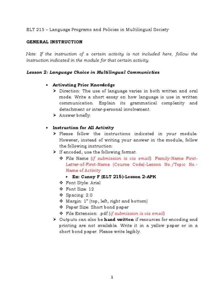 Submission Guidelines for ELT 215 | PDF