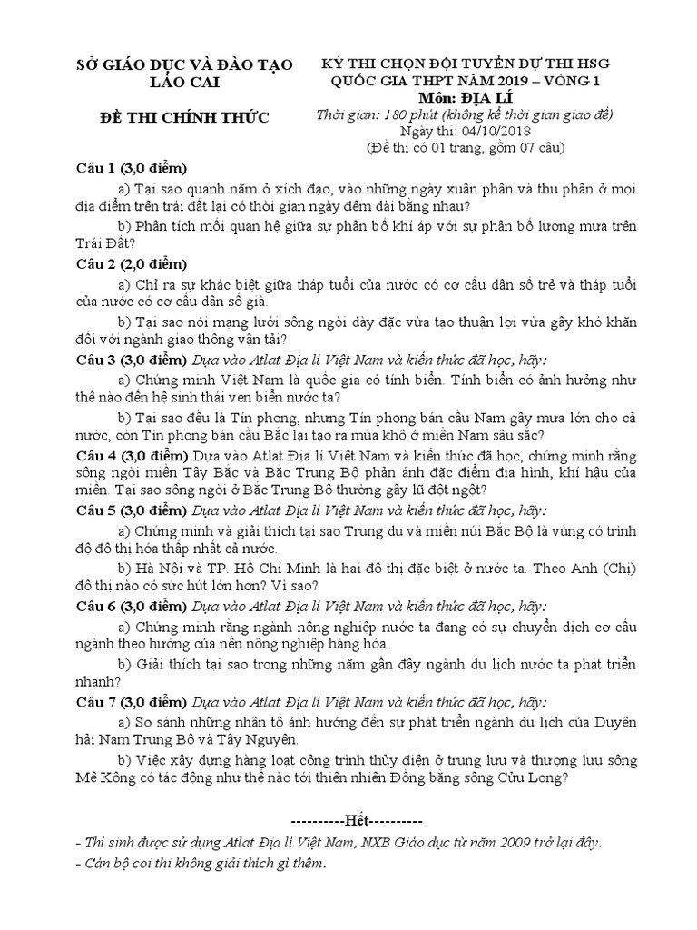 De Mon Dia Li Chon Doi Tuyen Du Thi HSG Quoc Gia Nam 2019 | PDF