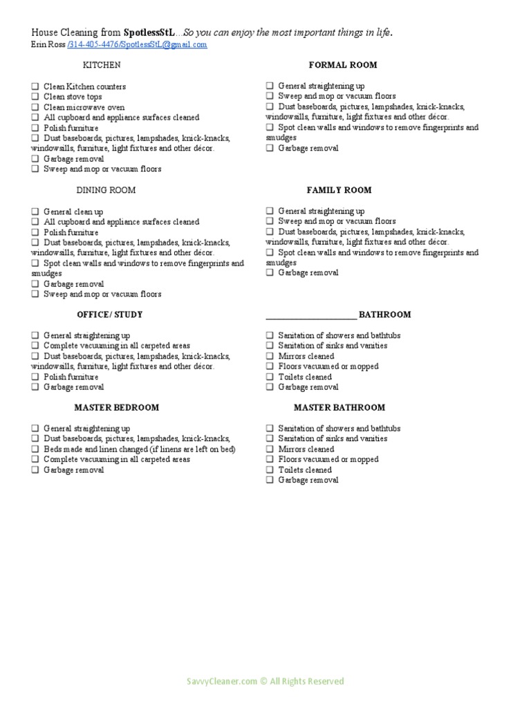 Angela Browns House Cleaning Worksheets SavvyCleaner 2018 | PDF ...