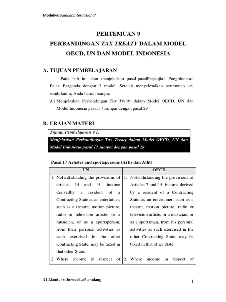 Pertemuan 9 Perbandingan Tax Treaty Dalam Model Oecd, Un Dan Model ...