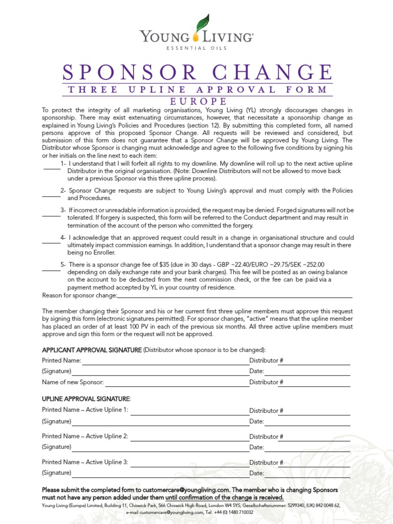 Sponsor Change: Three Upline Approval Form | PDF | Government | Business