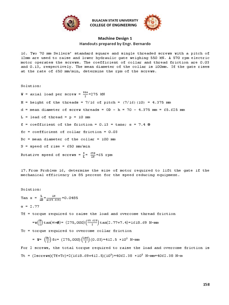 Handouts Prepared by Engr. Bernardo: Machine Design 1 | PDF | Screw ...