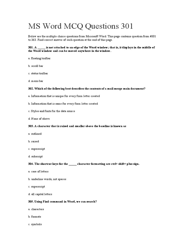 MS Word MCQ Questions 301 | PDF | Microsoft Word | Note (Typography)