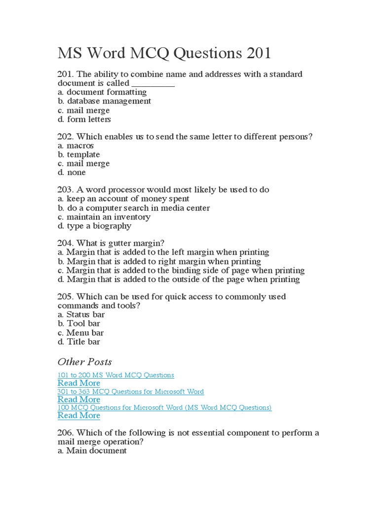 MS Word MCQ Questions 201 | PDF | Microsoft Word | Page Layout