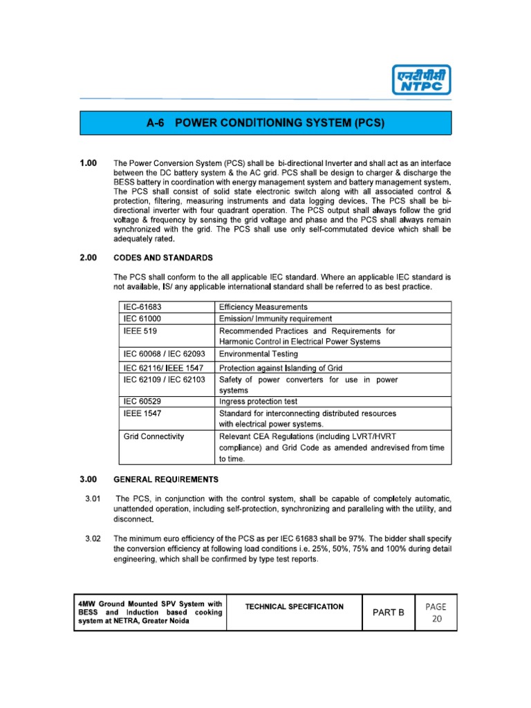 NTPC PCS Spec and BESS Details With Microgrid | PDF
