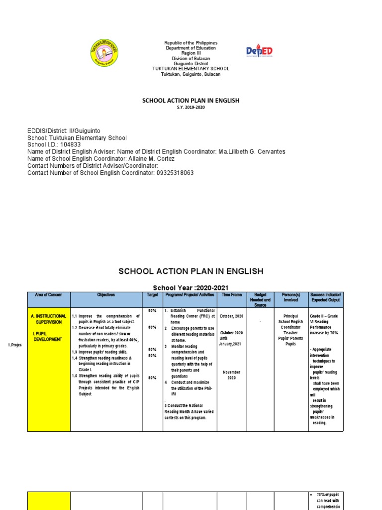 Action Plan for English at Tuktukan School | PDF | Reading ...