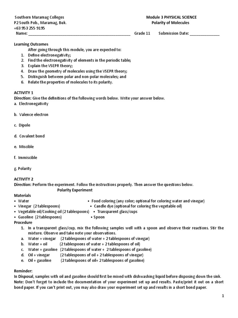 Grade11 Physical Science - Module 3 | PDF | Chemical Polarity ...