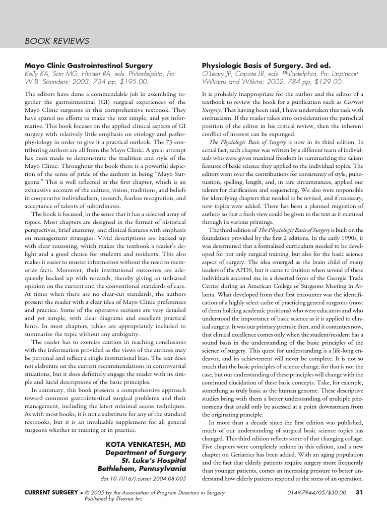 Book Reviews: Mayo Clinic Gastrointestinal Surgery Physiologic Basis of ...