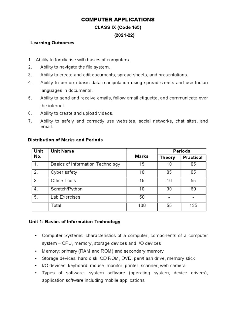CBSE Class 9 Computer Applications 2021-22 | PDF | Computer Data ...