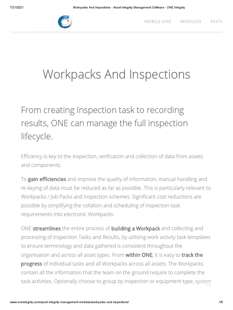 Workpacks and Inspections - Asset Integrity Management Software - OnE ...