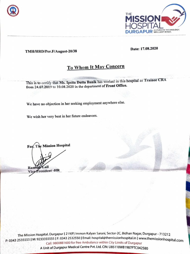 Mission Hospital Experience Certificate | PDF