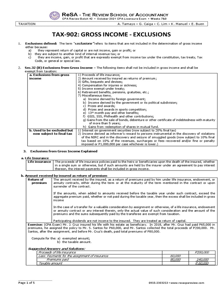 TAX-902 (Gross Income - Exclusions) | PDF | Life Insurance | Gross Income