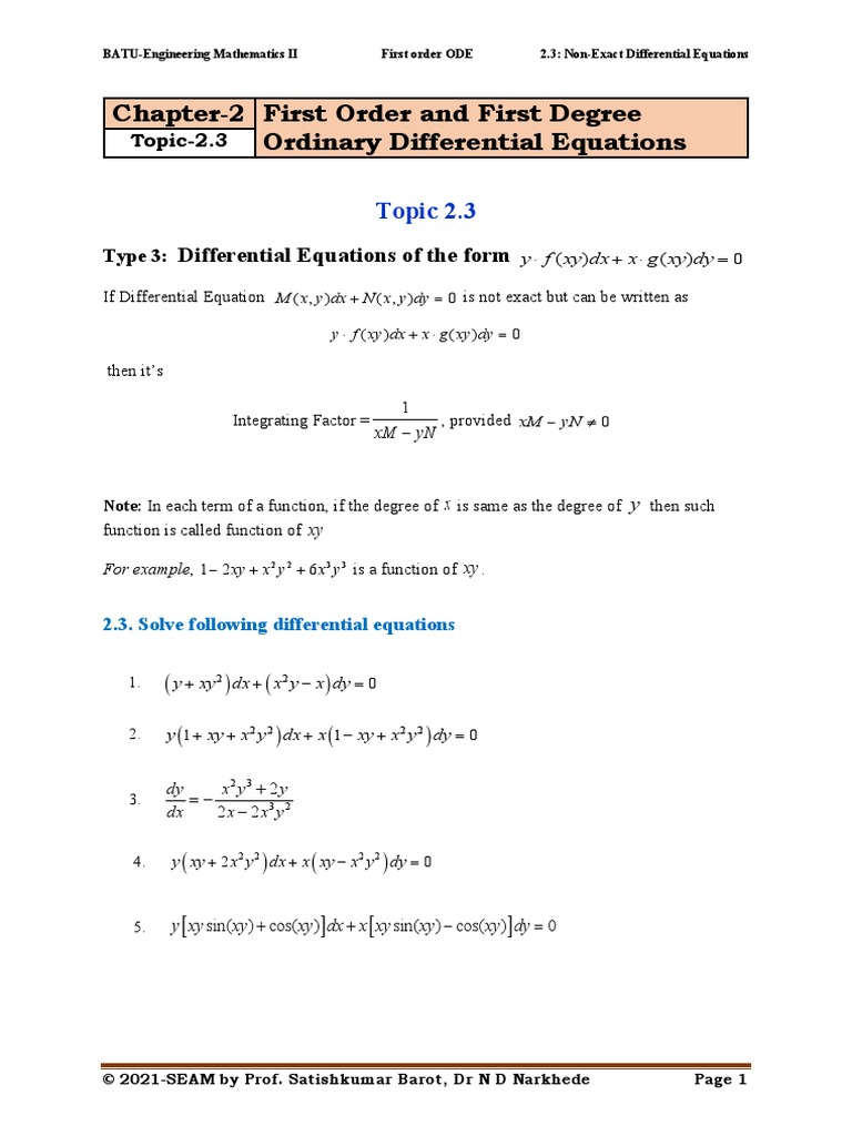 Chapter-2 First Order and First Degree Ordinary Differential Equations | PDF | Ordinary ...