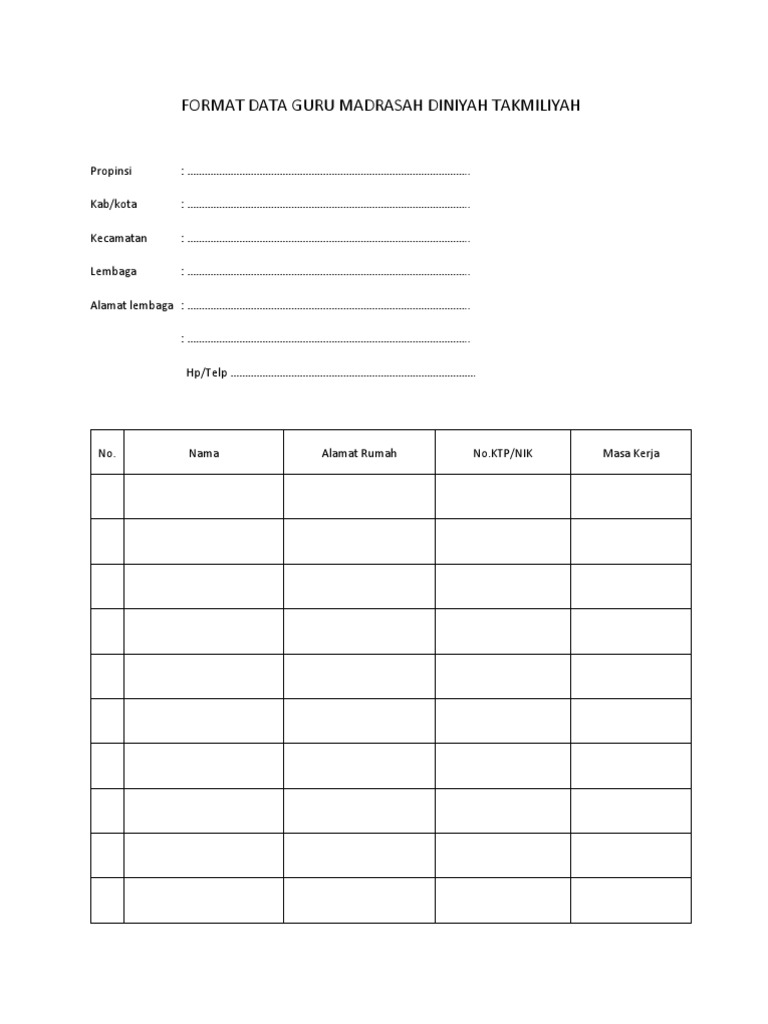 Format Data Guru Madrasah Diniyah | PDF | Karier & Perkembangan