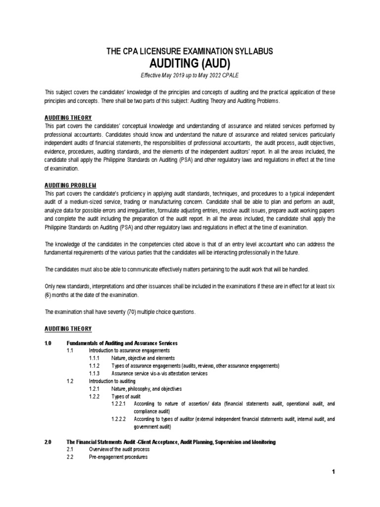 Auditing (Aud) : The Cpa Licensure Examination Syllabus | PDF ...