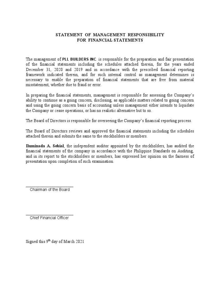 Statement of Management Responsibility For Financial Statements | PDF