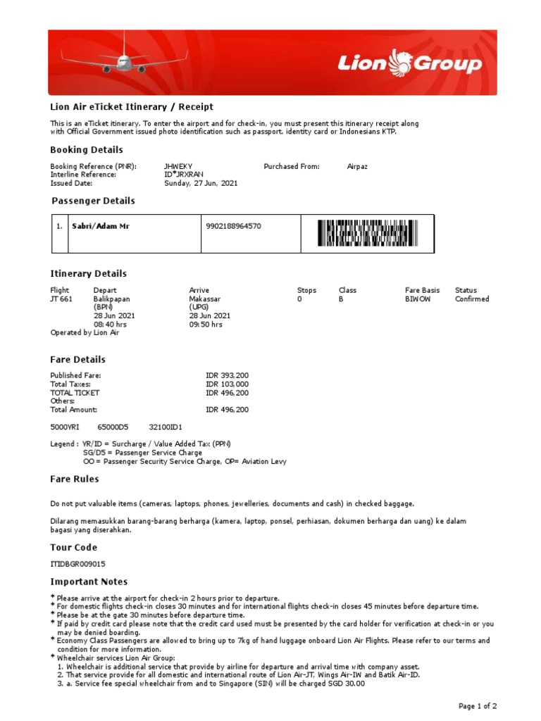 Lion Air Eticket Itinerary / Receipt: Sabri/Adam MR | PDF | Identity ...