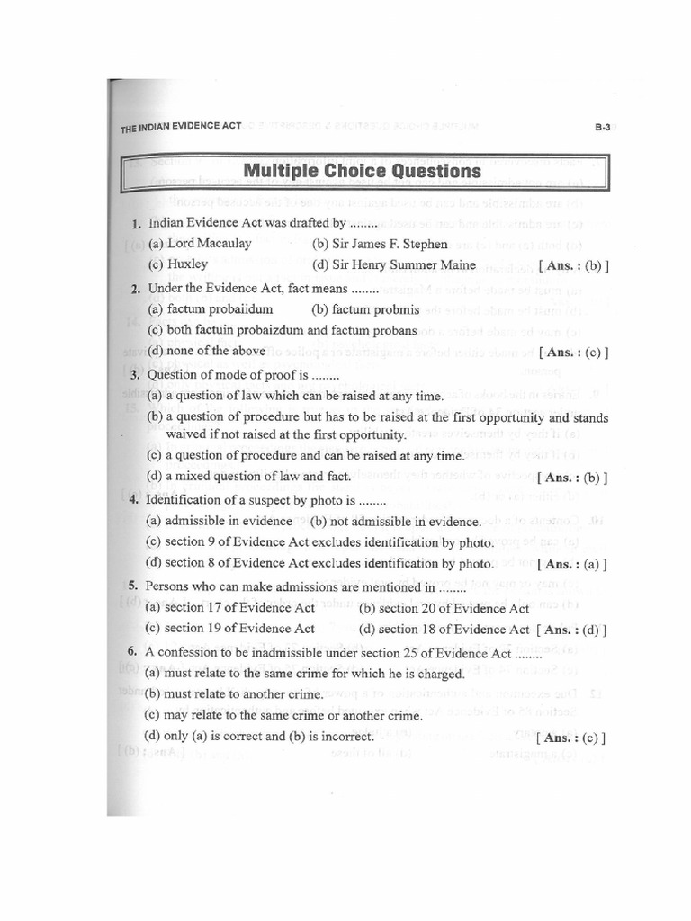 Multiple Choice Questions: The Indian Evidence Act As | PDF | Evidence ...