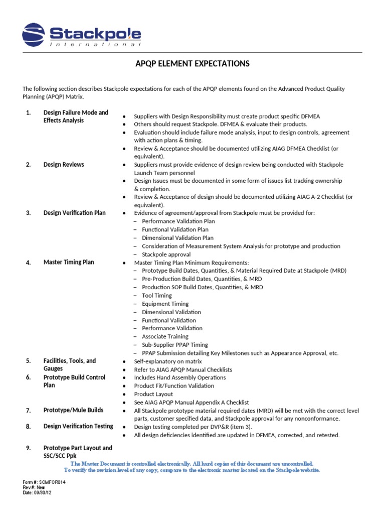 Stackpole APQP Element Expectations Guide | PDF | Prototype ...