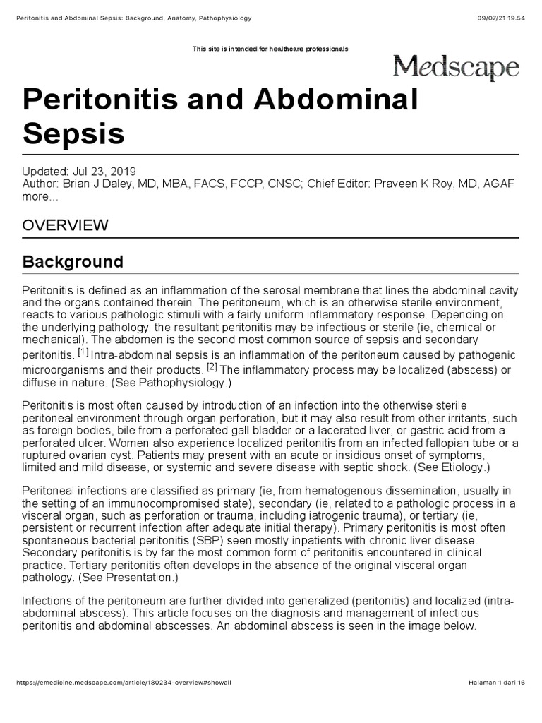 Peritonitis and Abdominal Sepsis: Background, Anatomy, Pathophysiology ...