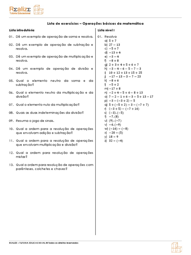 Lista De Exercicios Operacoes Basicas Da Matematica 1 1 2 Organized