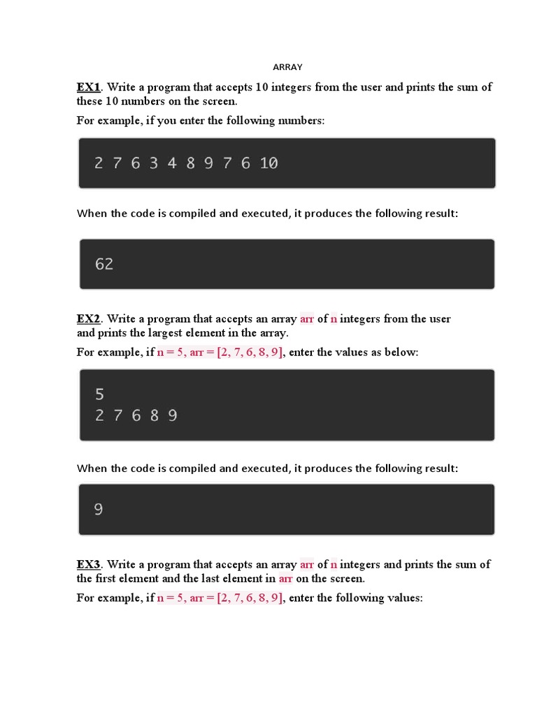 Ex1 Write A Program That Accepts 10 Integers From The User And Prints The Sum Of Pdf Array 