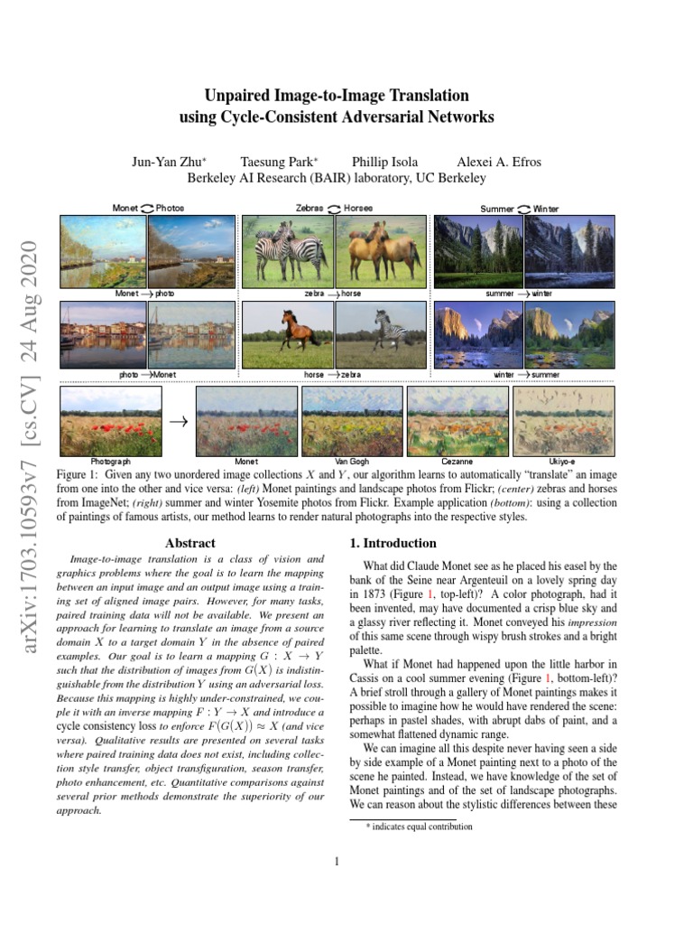 Unpaired Image To Image Translation CycleGAn | PDF | Image Segmentation | Teaching Mathematics