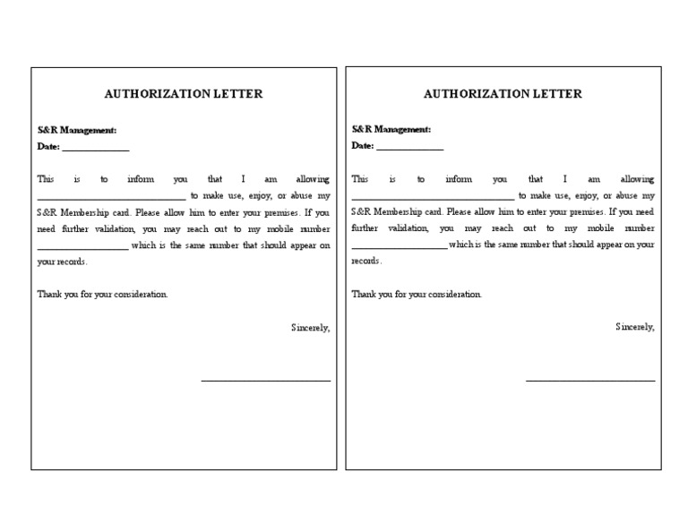 Authorization Letter Authorization Letter: S&R Management: Date: - S&R ...