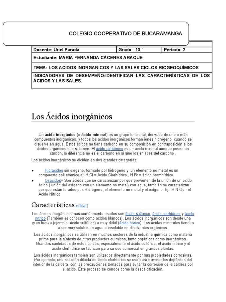 Propiedades y Tipos de Ácidos Inorgánicos | PDF | Sal (química) | Ácido