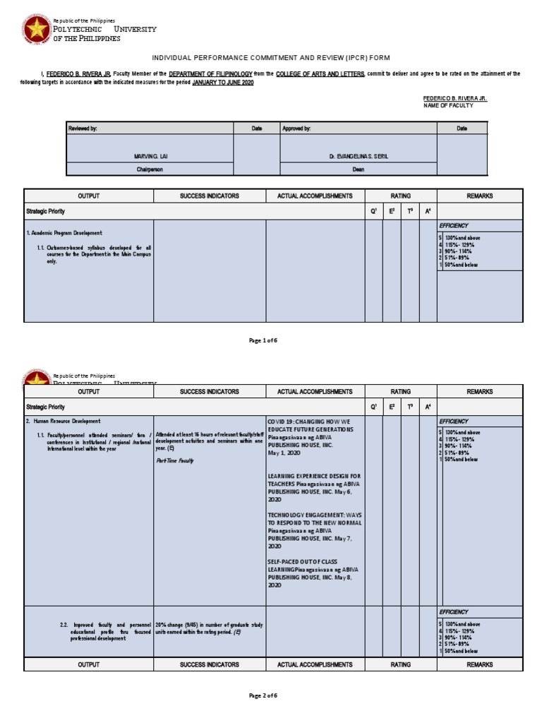 Individual Performance Commitment and Review (Ipcr) Form: Olytechnic ...