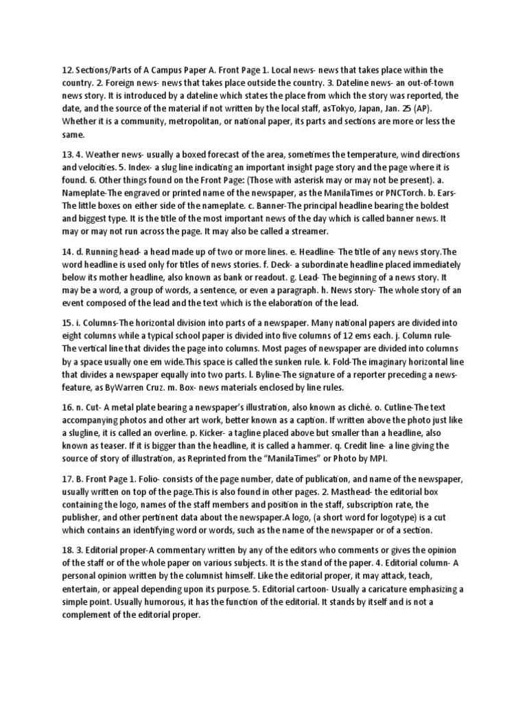 Sections and Parts of A Campus Paper | PDF | Letter To The Editor ...