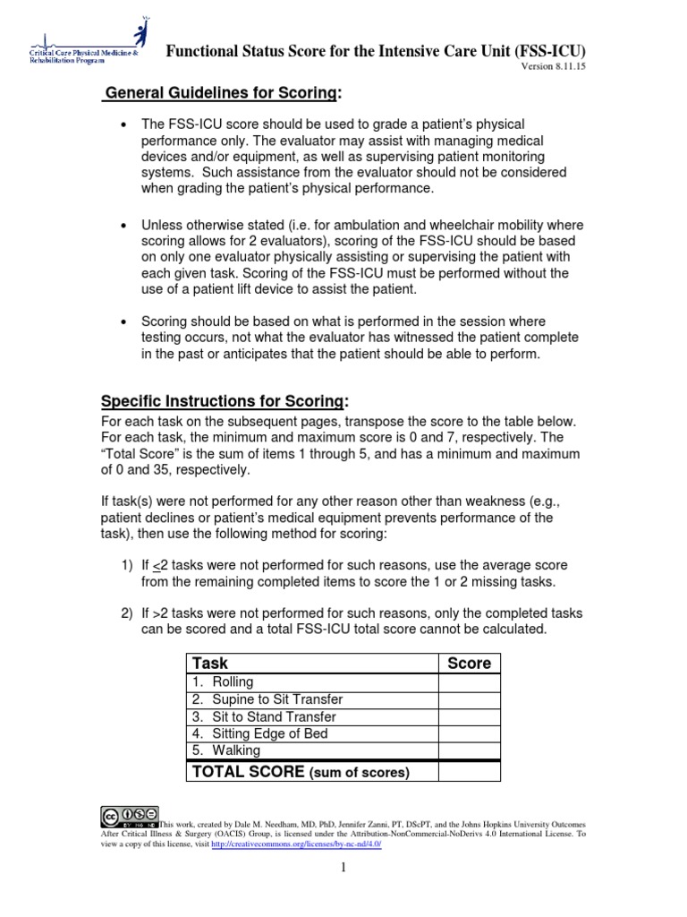 Functional Status Score For The Intensive Care Unit (FSS-ICU) General ...