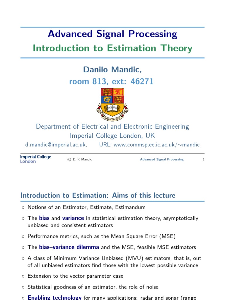 Advanced Signal Processing Introduction To Estimation Theory Download Free Pdf Estimator 