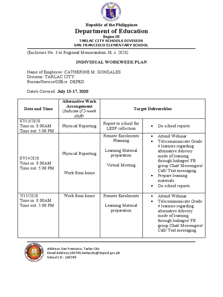 Week 7 GONZALES, CATHERINE M. Individual Workweek Plan and Accomplishment Report | PDF ...