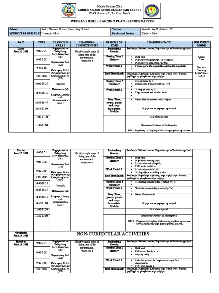 Kindergarten Weekly Learning Plan | PDF | Learning | Cognition