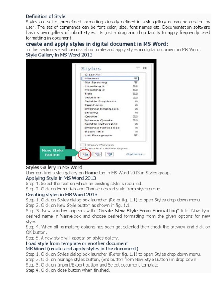 Create and Apply Styles in Digital Document in MS Word:: Definition of ...