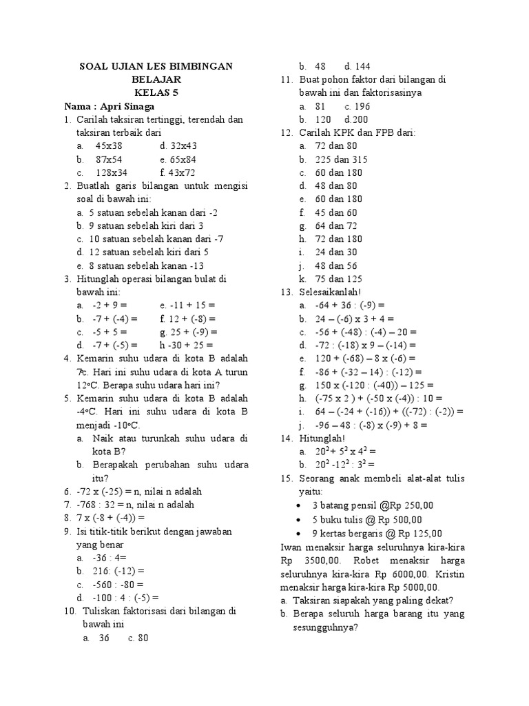Soal Ujian Les Bimbel | PDF